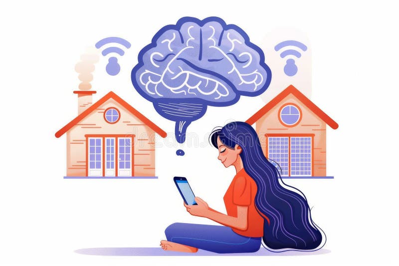 Smart Home Illustration with Woman Using Mobile App To Control Brain ...