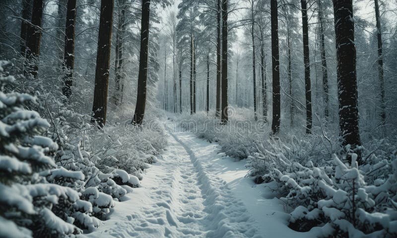 A Snow Covered Path in a Forest with Trees. Stock Illustration ...