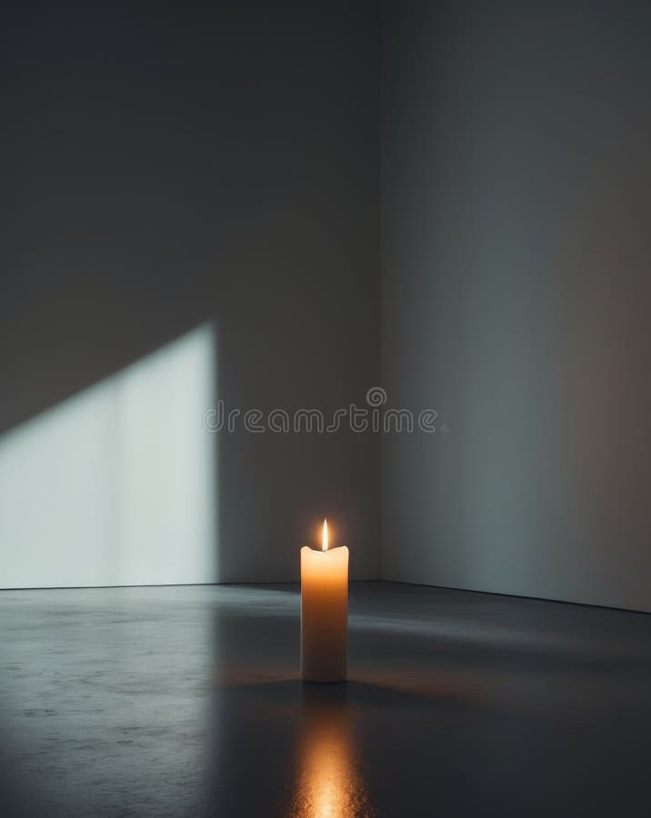 Softly Lit Candle in Dark Empty Room with Shadows on Wall and Floor ...