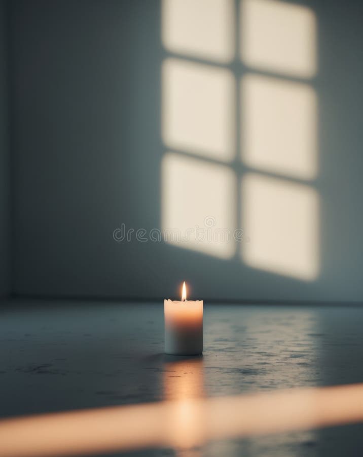 Softly Lit Candle in Dark Empty Room with Shadows on Wall and Floor ...