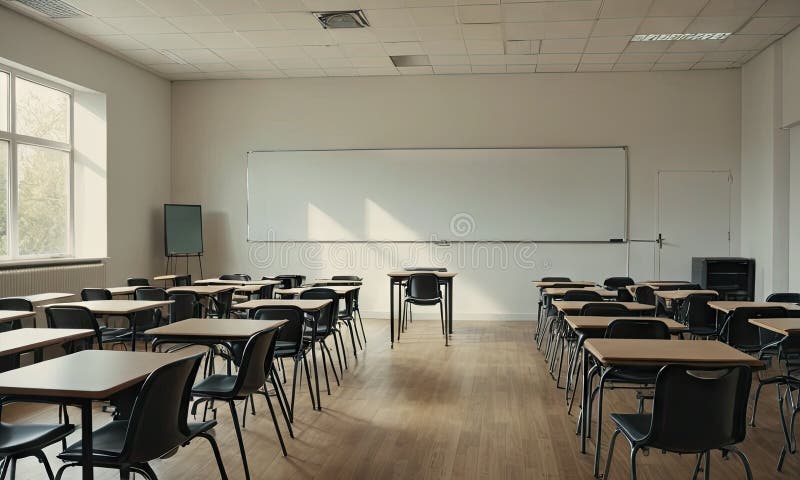A Classroom with Empty Desks and a Whiteboard. Stock Illustration ...
