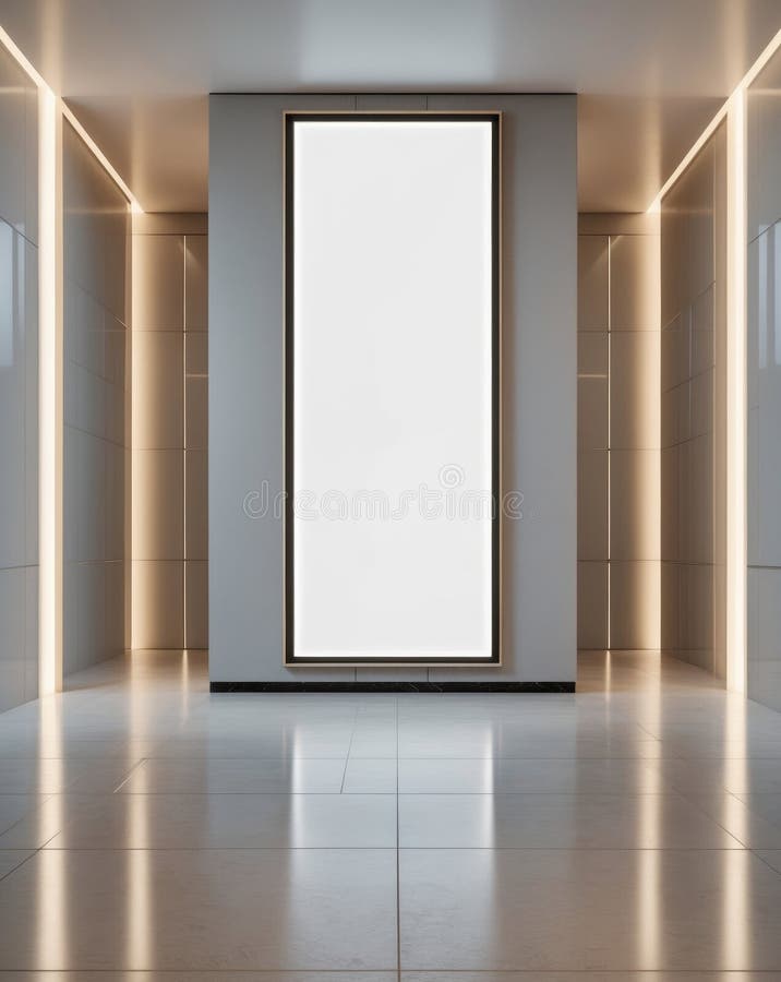 Spacious Elevator Lobby with Blank Vertical Poster Frame and ...