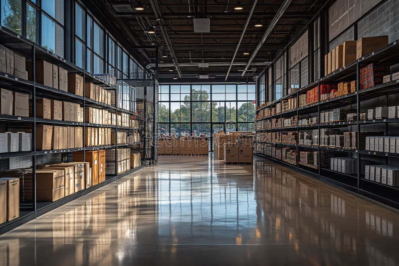 Spacious, Well-lit Warehouse Interior with Organized Shelves and Boxes ...