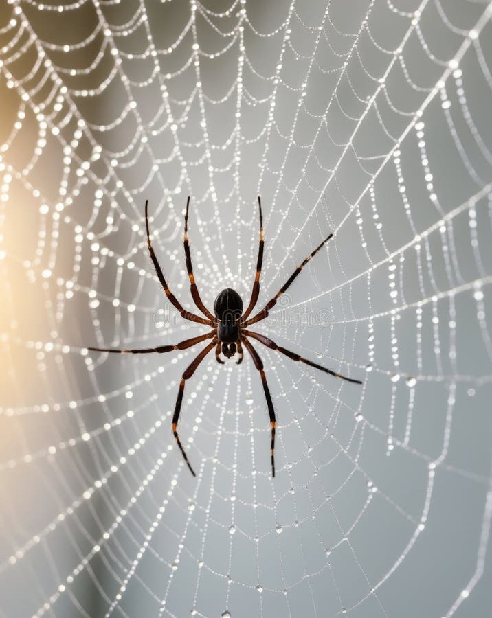 A Spider Sits in the Center of a Spider Web Covered in Water Droplets ...