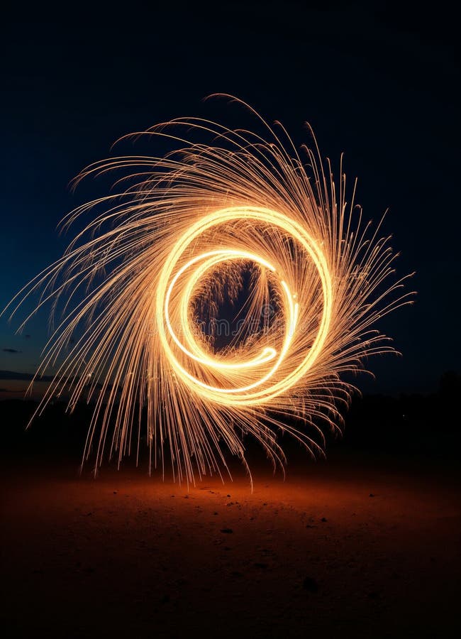 Spinning Fireworks and Ring of Light Trails is Glowing on the Dark ...