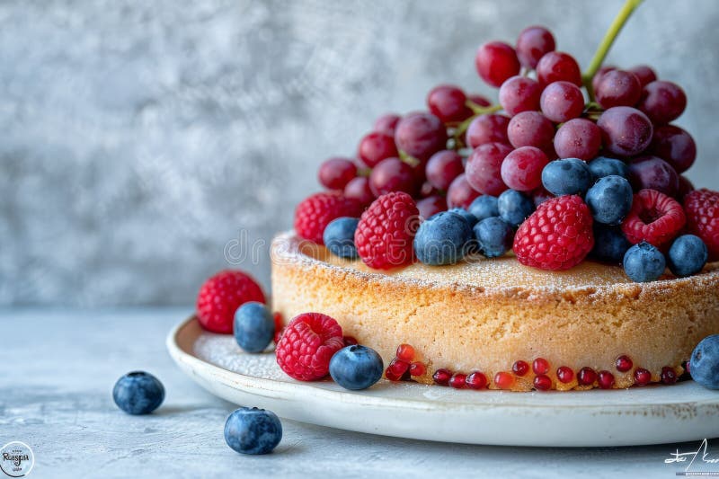 Sponge Cake with Assorted Fresh Berries on a Light Blue Background ...
