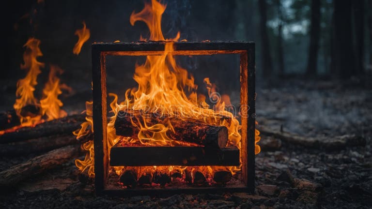 A Square Fire Frame with Intense Crackling Flames. Stock Image - Image ...