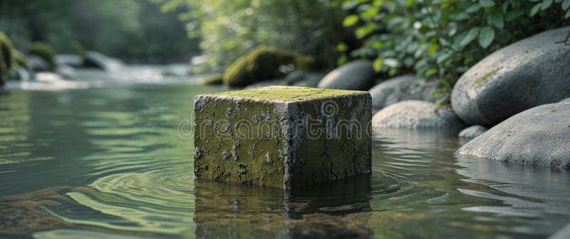 A Square Object Rests on a Riverbank by Flowing Water Stock Photo ...
