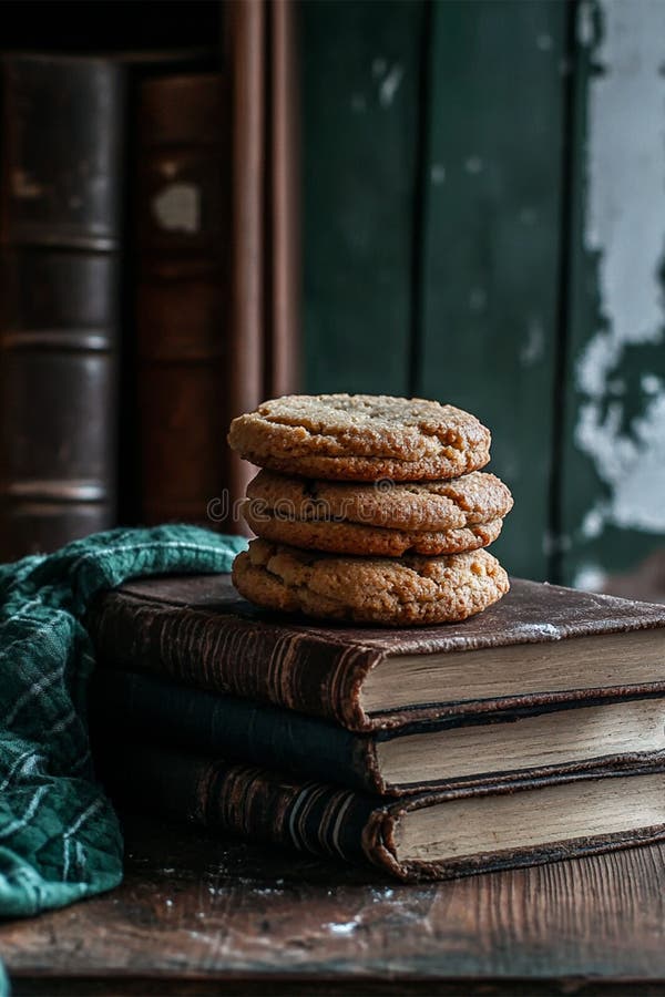 AI-generated Stack of Books with Cookies Placed on Top, Creating a Cozy ...