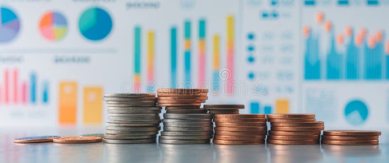 Stack of Coins on Table with Blurred Charts and Data Analysis ...