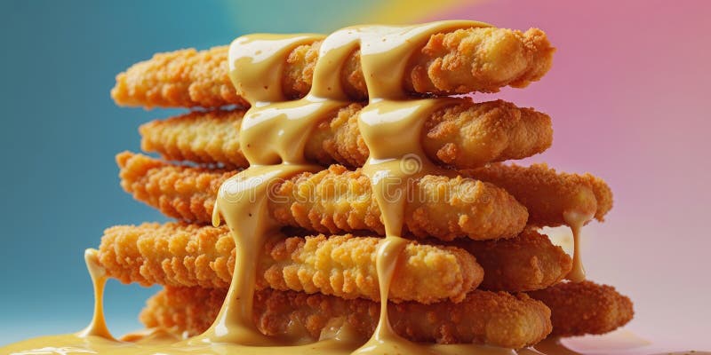 Stack of Crispy Fish Sticks with Creamy Cheese Sauce on Colorful ...