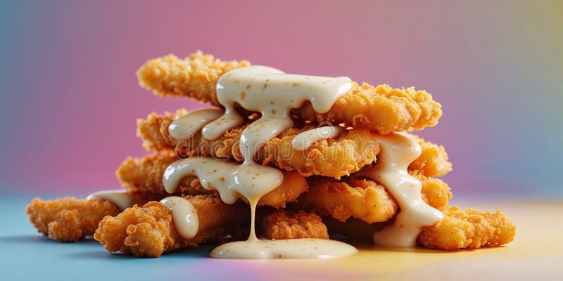 Stack of Crispy Fish Sticks with Creamy Cheese Sauce on Colorful ...