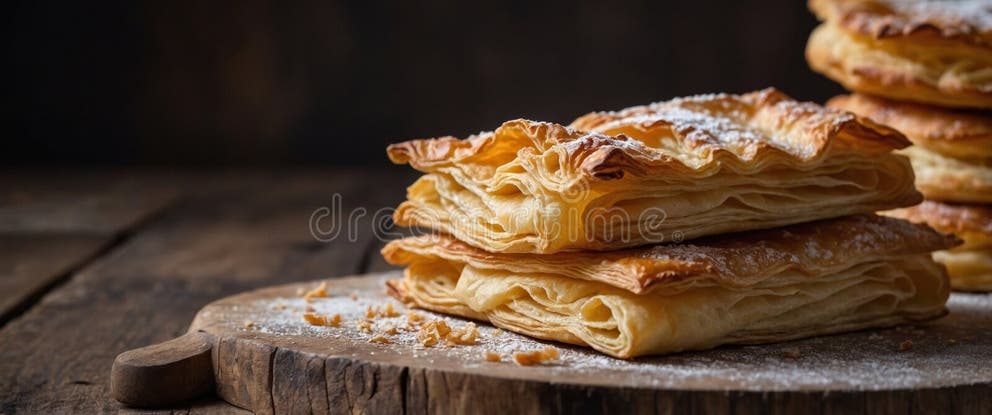 Stack of Flaky Puff Pastry on a Rustic Table. Stock Image - Image of ...