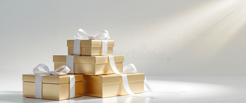 Stack of Gold Boxes with Bows on Top of Each Other. Stock Image - Image ...