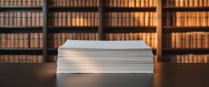 A Stack of Papers on a Desk in Front of a Bookcase Stock Image - Image ...