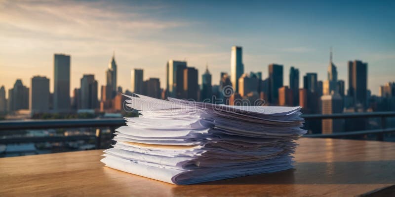 A Stack of Papers is on a Table with a City Skyline in the Background ...