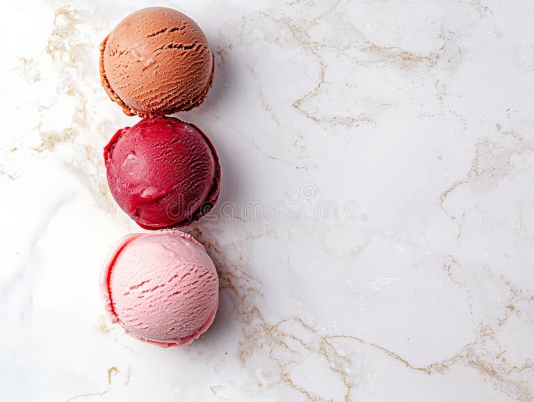 Stack of Three Ice Cream Scoops with Distinct Flavors on Marble Surface ...