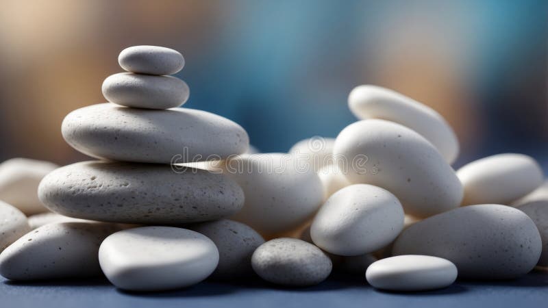 Stack of White Smooth Stones on a Blue Background. Stock Image - Image ...