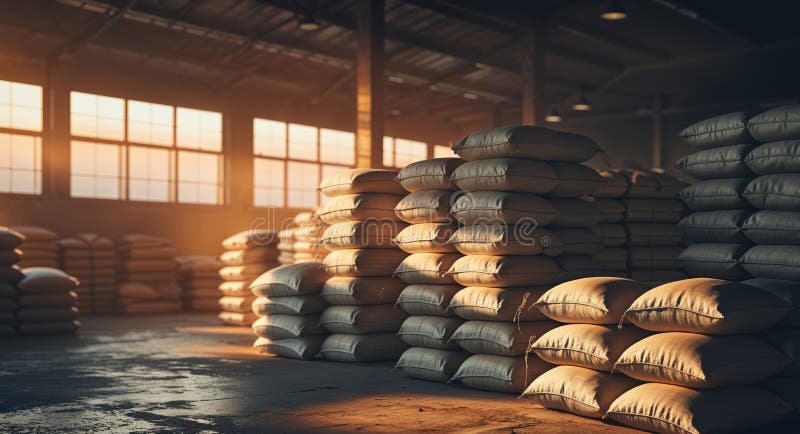 Stacked Sacks in a Warehouse during Sunset Hours. Stock Photo - Image ...