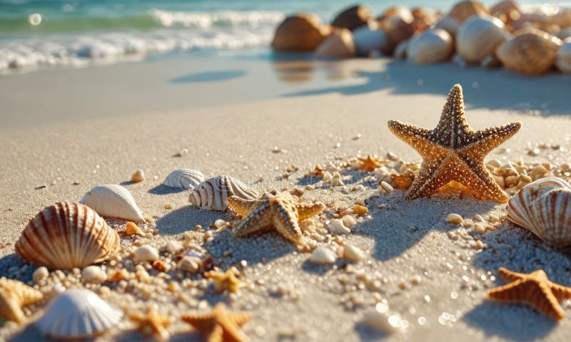 A Collection of Seashells and Starfish are Spread Out on the Beach ...