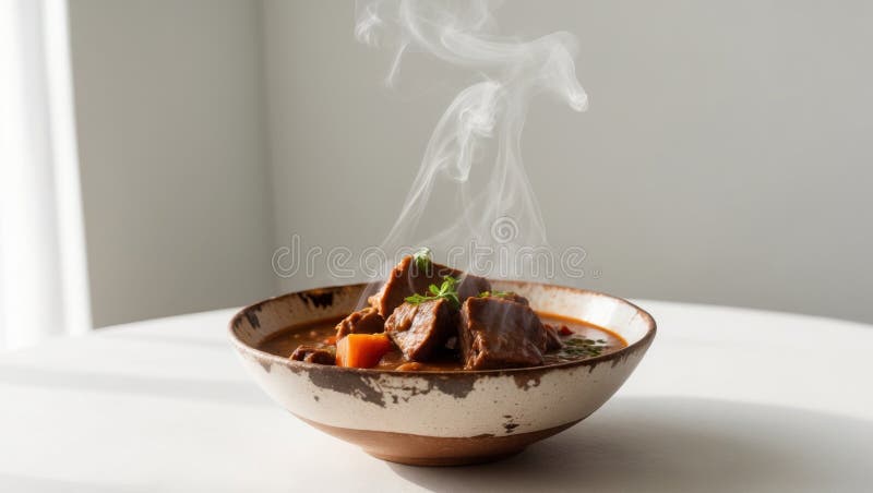 Steaming Hot Beef Stew in a Rustic Ceramic Bowl. Stock Photo - Image of ...