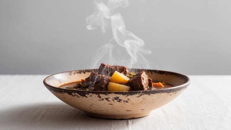 Steaming Hot Beef Stew in a Rustic Ceramic Bowl. Stock Image - Image of ...