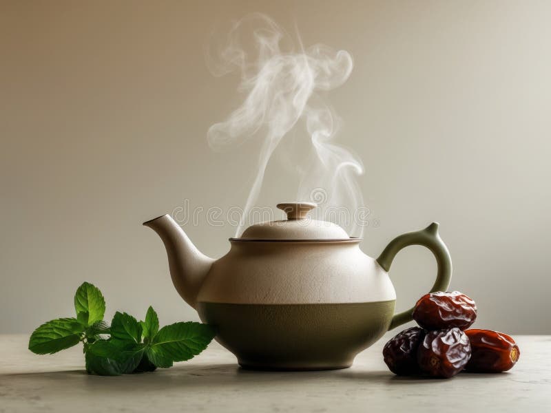 Steaming Teapot with Dates and Mint Leaves Stock Photo - Image of date ...
