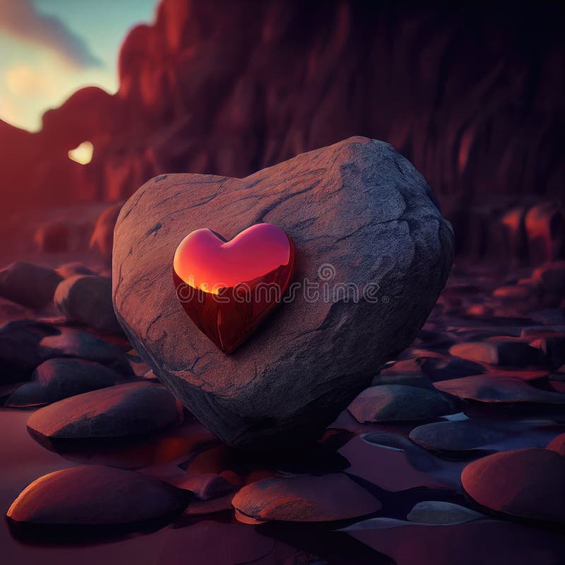 Ai Generated Stock Image of a Reflective Red Heart on a Rock Heart ...
