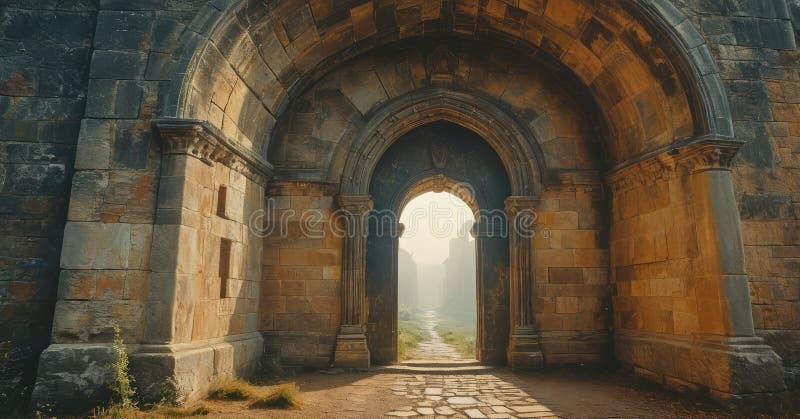 An Old Stone Archway with a Light Shining through it. Stock ...