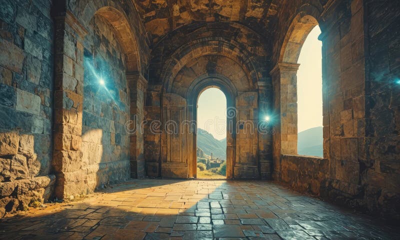 A Large Stone Archway with a Light Shining through it. Stock ...