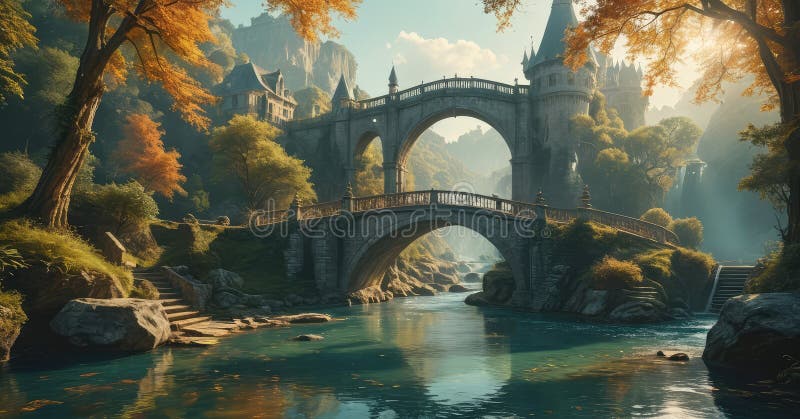 A Painting of a Castle with a Bridge Over a River. Stock Illustration ...