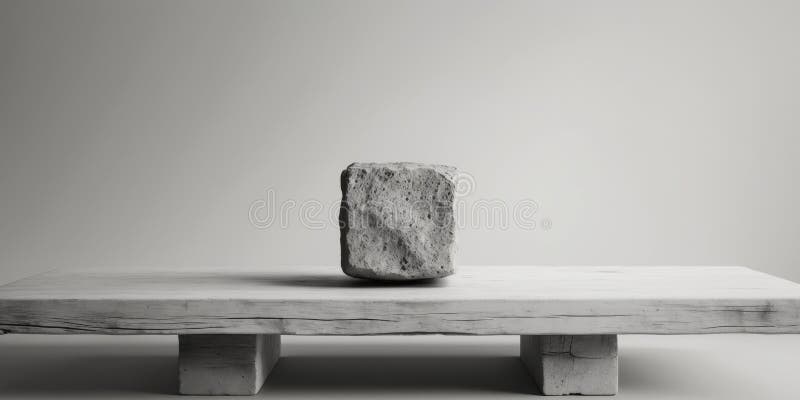 Stone Cube Balanced Above Wooden Block on Table Stock Photo - Image of ...