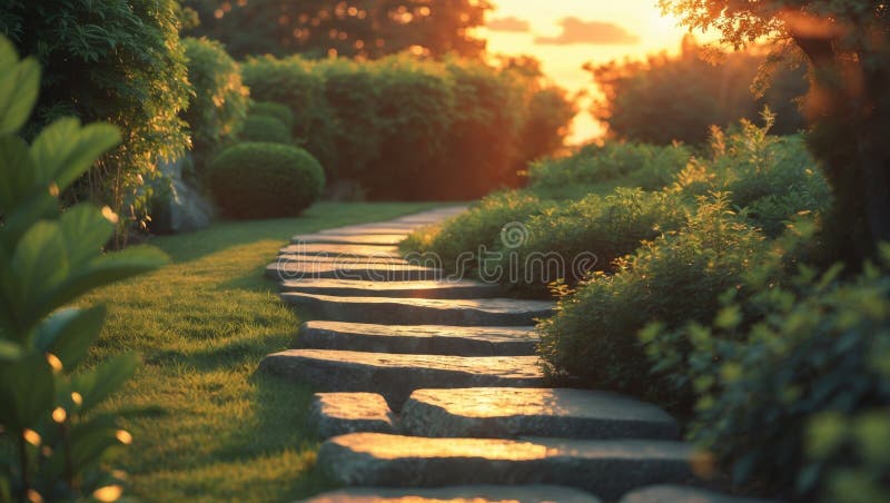 Stones Create Tranquil Path Serene Garden Sunset Stock Photos - Free ...