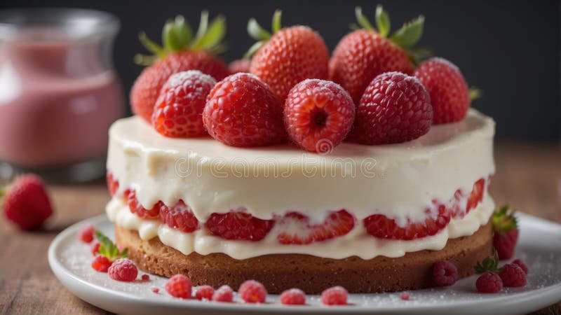 Strawberry and Raspberry Cake with Cream Topping. Stock Illustration ...