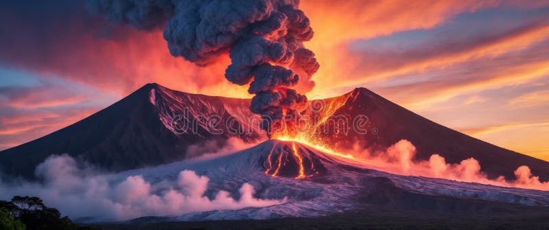 A Striking Eruption of a Volcano at Sunset Capturing Raw Natural Power ...
