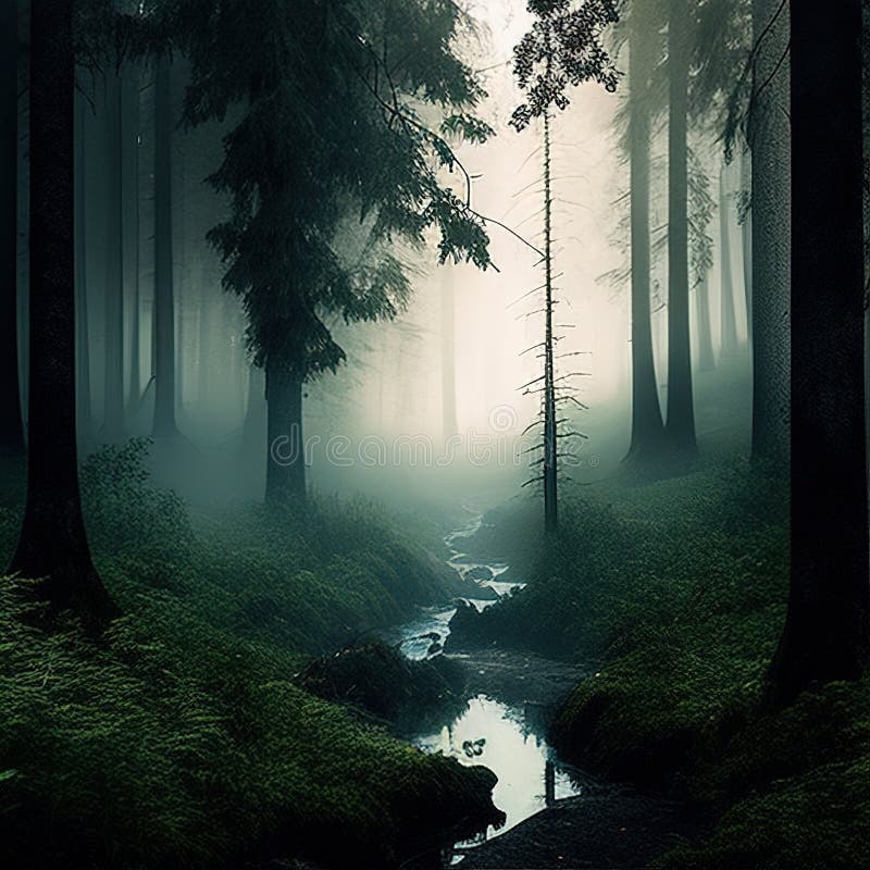 Misty Forest Stream, Made with Generative AI Stock Illustration ...