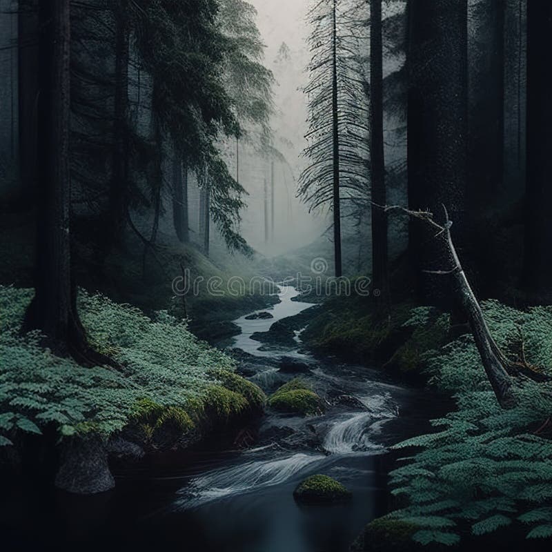 Misty Forest Stream, Made with Generative AI Stock Illustration ...