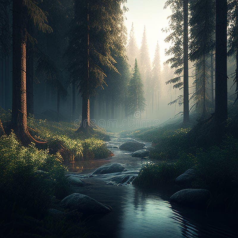 Misty Forest Stream, Made with Generative AI Stock Illustration ...