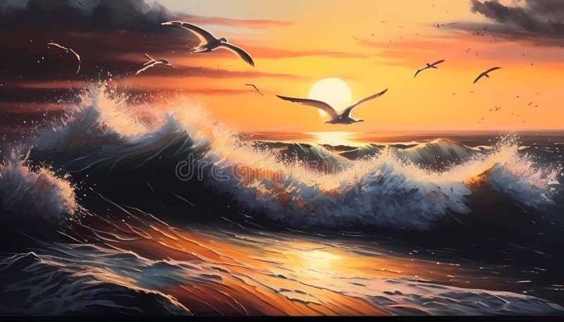 Sunset Ocean Scene, Made with Generative AI Stock Illustration ...