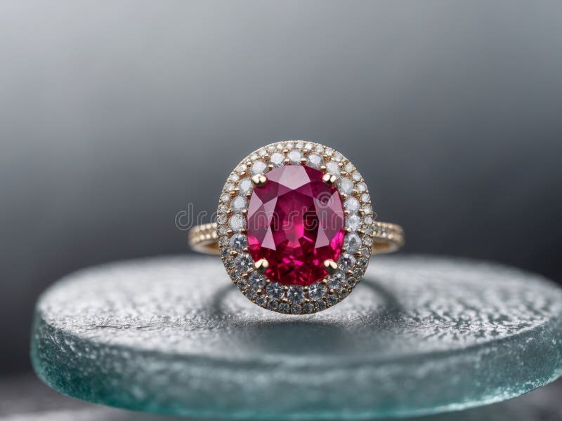 Stunning Ruby Ring with Sparkling Diamond Halo on Frosted Surface Stock Image - Image of starlit ...