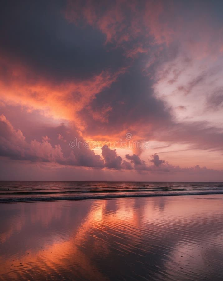 Stunning Sunset Over Ocean with Vibrant Clouds Casting Reflection on ...