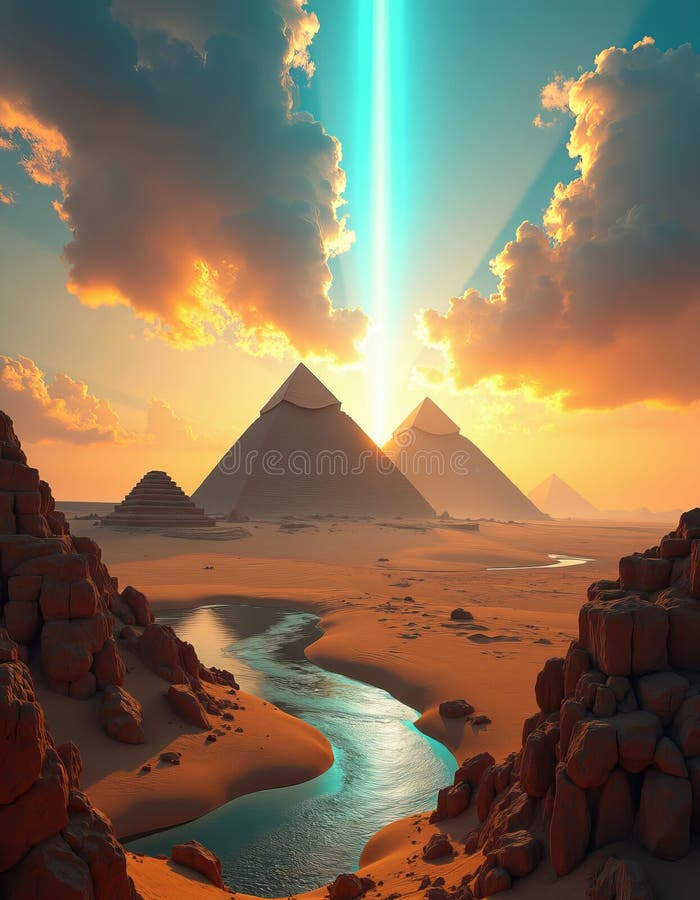 Pyramids at Sunset with Glowing Light Stock Illustration - Illustration ...