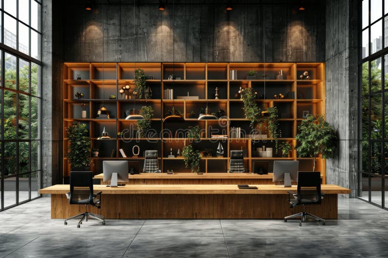 Stylish Home Office With Modern Furniture Bookshelf And Ambient