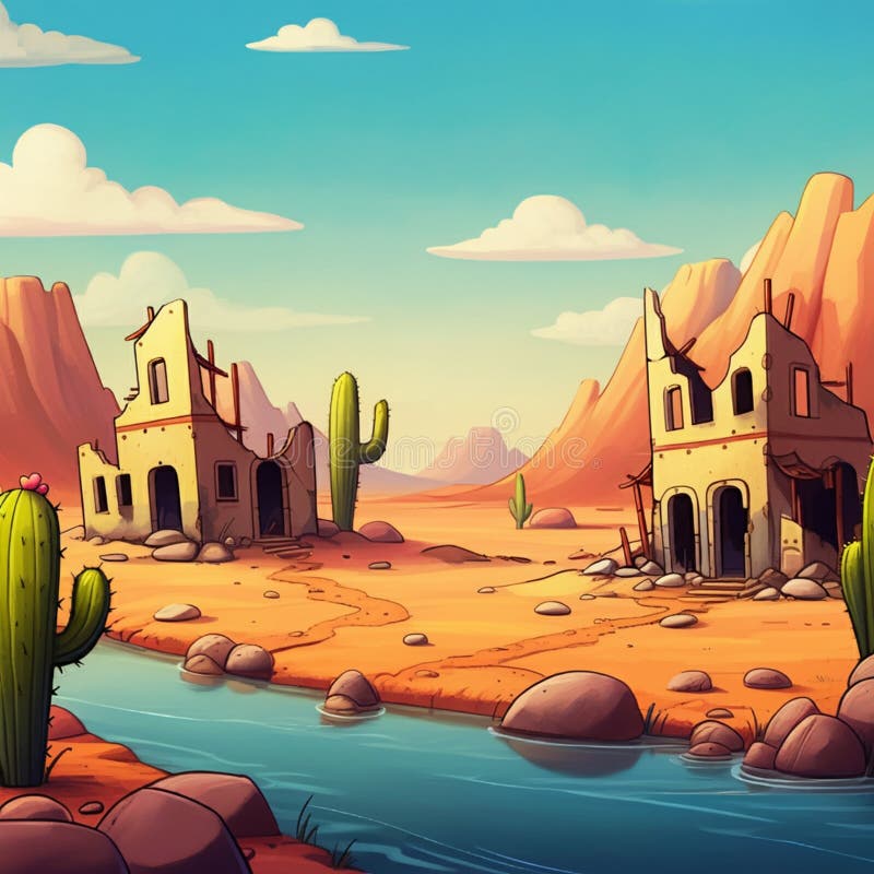 AI-Generated Stylized Desert Scene with Crumbling Buildings and Cacti ...