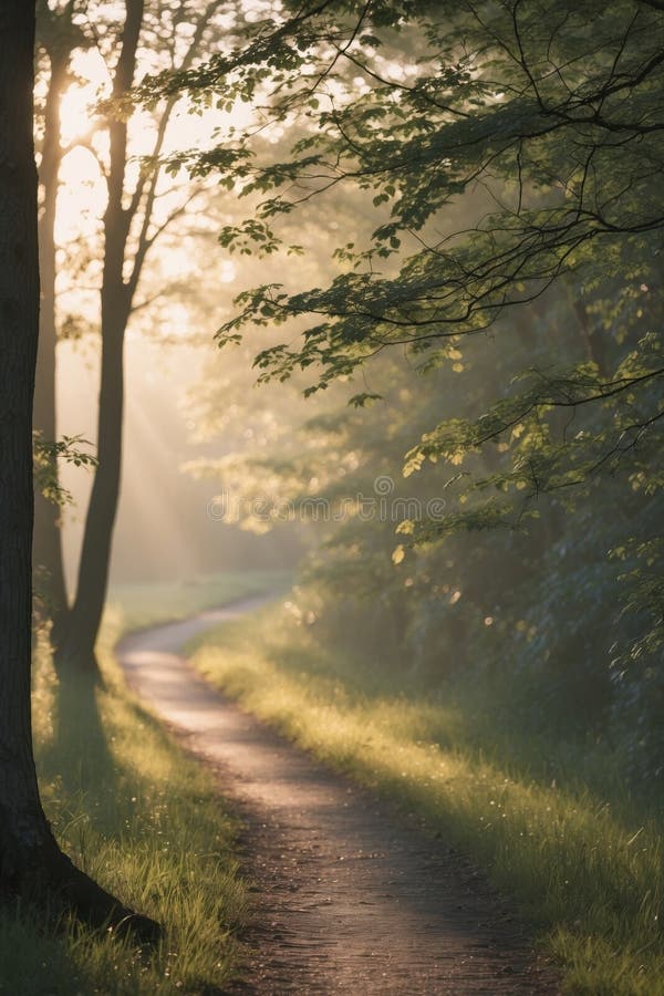 Sunlight Filtering through Trees on a Peaceful Forest Path at Dawn ...