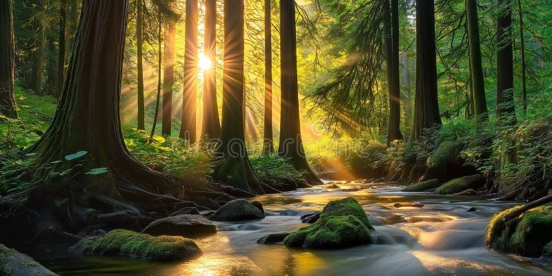 Sunlit Forest with Serene Stream Stock Illustration - Illustration of ...