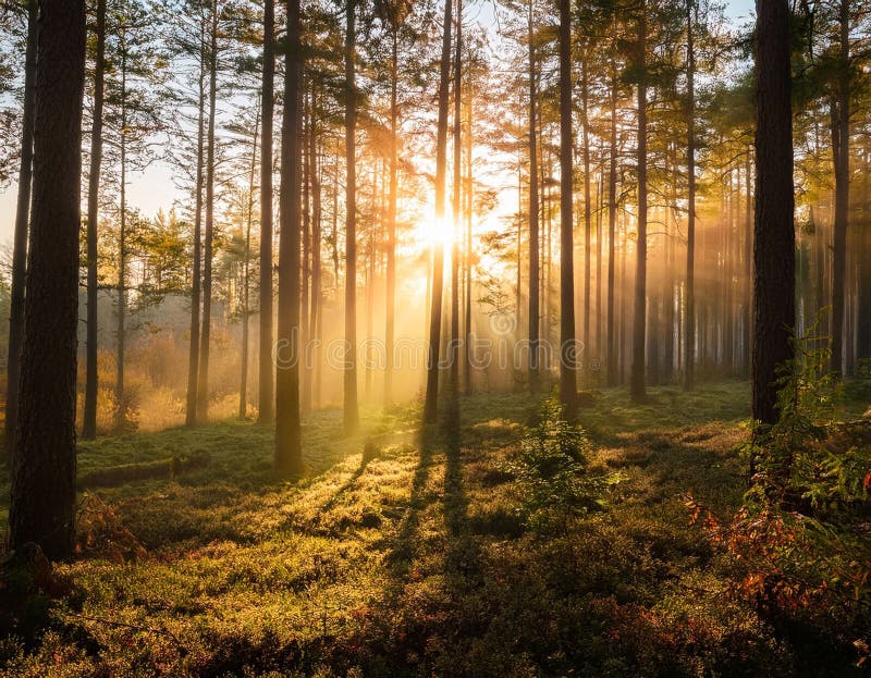 Sunlight Streaming through Tall Trees in a Forest Stock Illustration ...