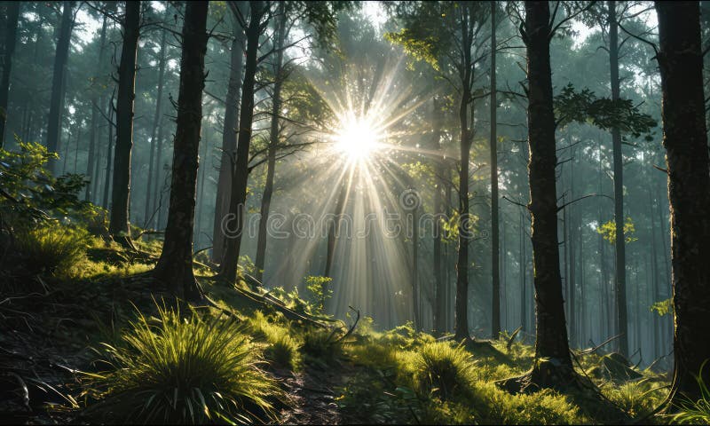 A Forest Scene with Sunlight Shining through the Trees. Stock ...