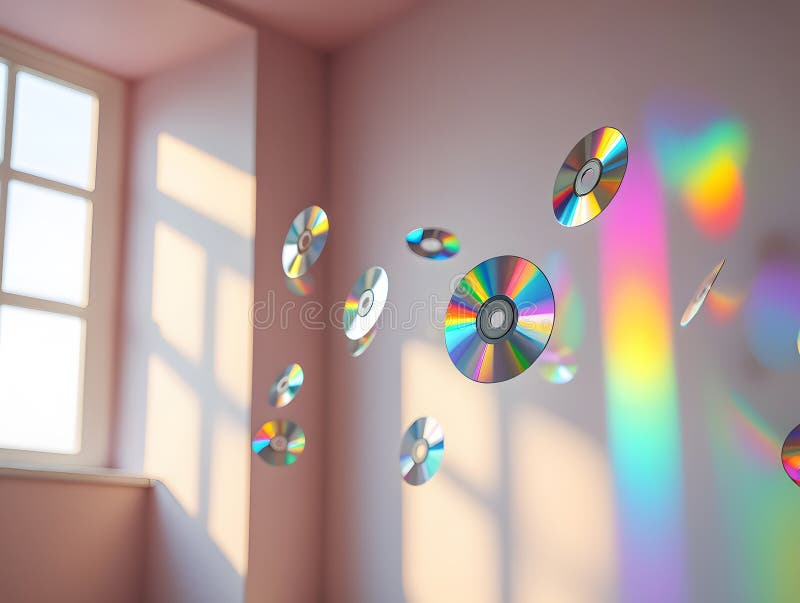 AI Generated Sunlit Room with Floating CDs and Rainbow Light Stock Image - Image of walls ...