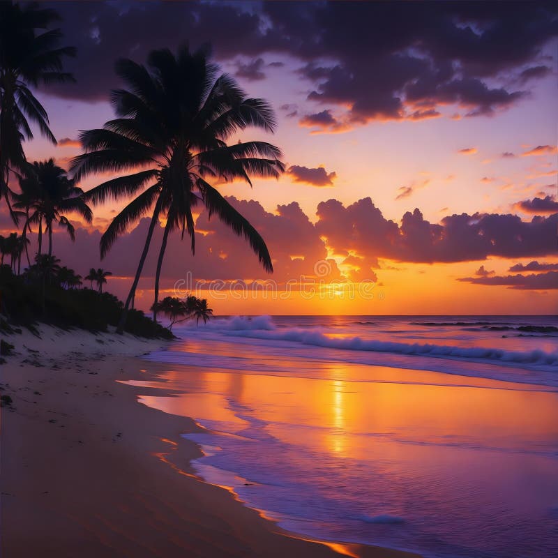 AI Generated Sunset at the Beach with Tall Coconut Trees Stock ...